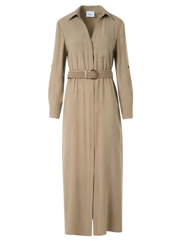 Akris Long-sleeve Belted Viscose Twill Midi Shirtdress - Beige