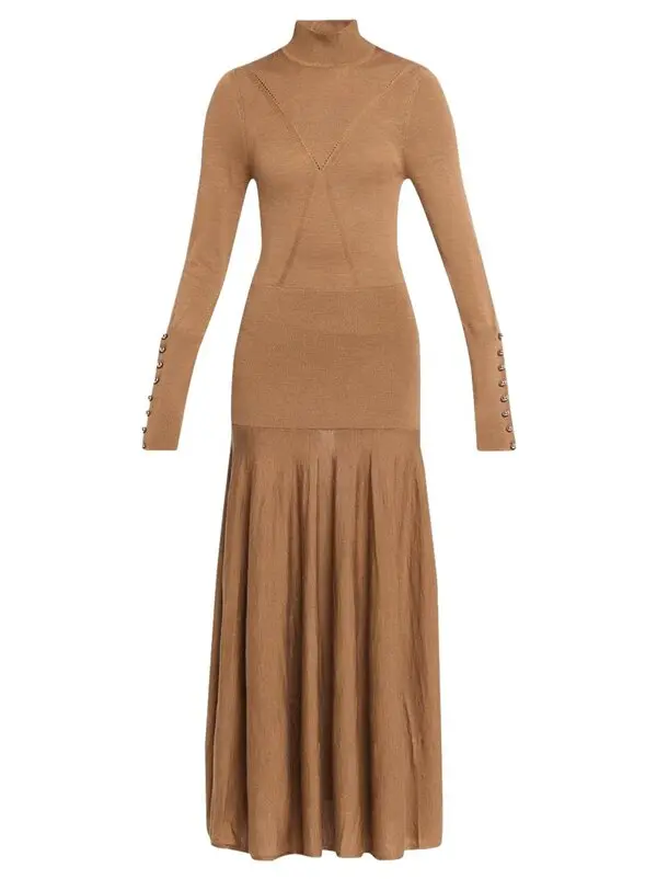 Rabanne Turtleneck Wool-silk Knit Drop-waist Maxi Dress - Camel