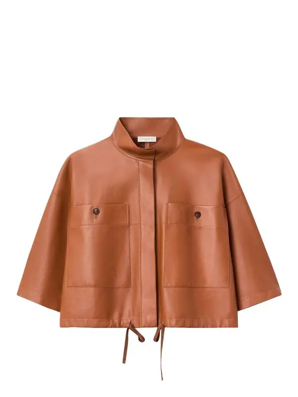 Lafayette 148 New York Oversized Cropped Leather Shirt Jacket - Copper
