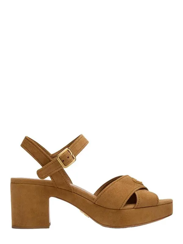 Prada Triangle Suede Platform Sandals - Camel