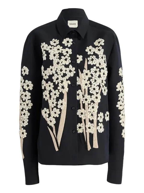 Khaite Argo Button-down Foral Applique Top - Black