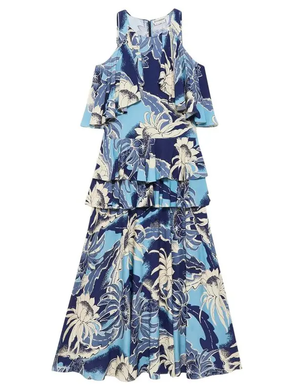 JW Anderson Sleeveless Floral Tiered Ruffle Midi Dress - Sapphire