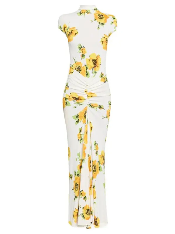 Alaïa Mock-neck Draped Floral Jersey Cap-sleeve Maxi Dress - Blanc