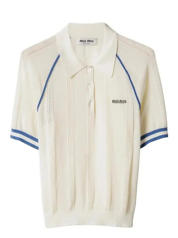 Miu Miu Contrast-striped Cotton-blend Polo Shirt - Natural/blue