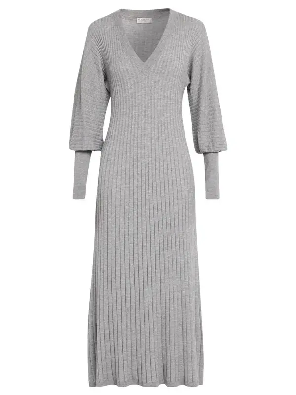Brunello Cucinelli Sparkle Cashmere Rib Long-sleeve Midi Dress - Grey