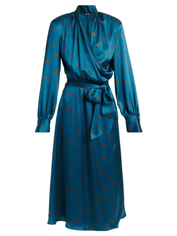 Kiton Strong-shoulder Long-sleeve Satin Midi Wrap Dress - Octanium