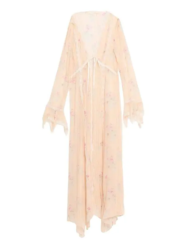 LoveShackFancy Mariven Lace-trim Floral Silk Duster Cardigan - Maple Cider