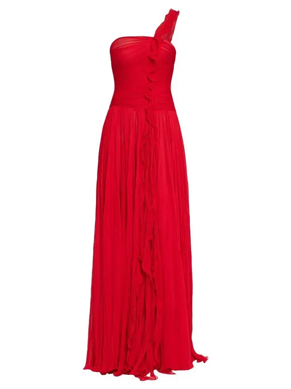 MARMAR HALIM One-shoulder Silk Georgette Ruffle Gown - Red