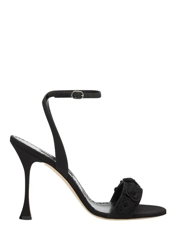 Manolo Blahnik 105mm Raosnu Crochet Flower Ankle-strap Sandals - Black
