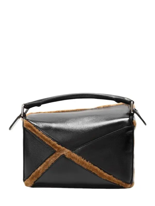 Loewe Puzzle Aviator Shearling-trim Top-handle Bag - Black/brown