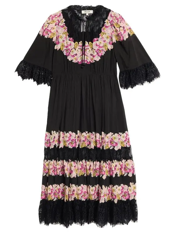 Sea 3/4-sleeve Persephone Print Cotton Lace-trim Midi Dress - Black