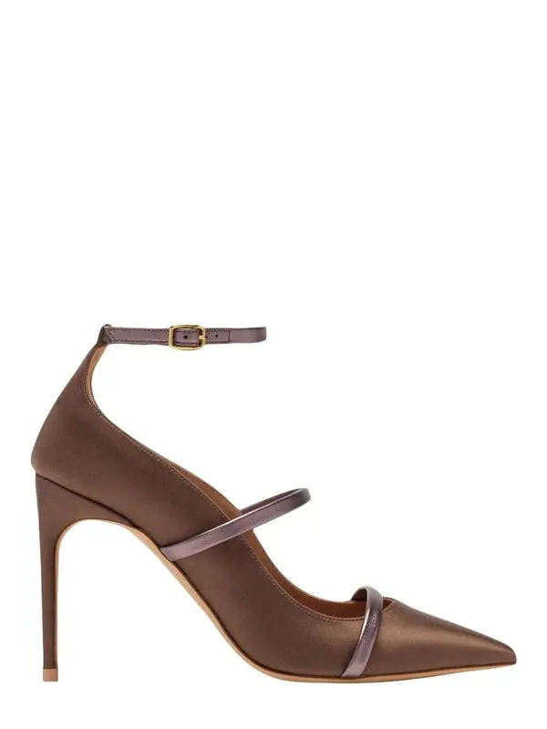 MALONE SOULIERS 90mm Diaz Satin And Metallic Leather Ankle-strap Pumps - Taupe