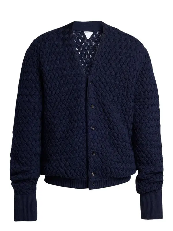 Bottega Veneta Intrecciato Wool Knit Cardigan - Blue