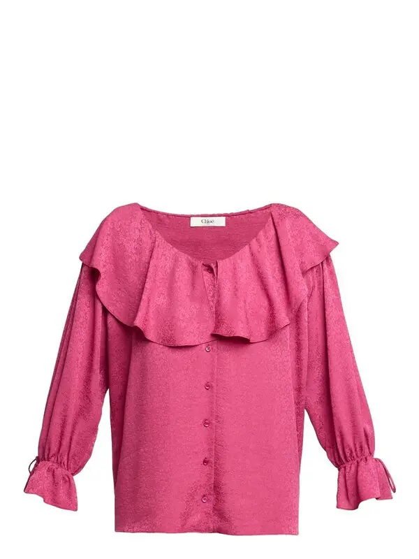 Chloé Ruffle Floral Silk Jacquard Button-front Top - Dark Ruby