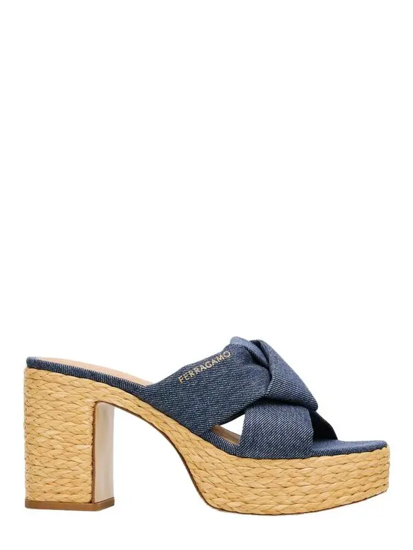 FERRAGAMO 85mm Douglas Platform Denim Mule Sandals - Blue