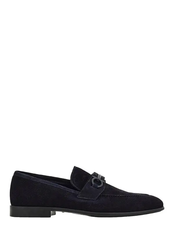 FERRAGAMO Foster Textured Suede Gancini Bit Loafers - Navy