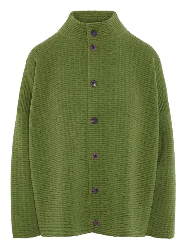 Eskandar 3/4 Width High Neck Cardigan- Mid Length - Limedark
