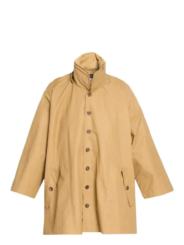 Eskandar Smaller Front Larger Back High Neck Raincoat With Button Away Hood Long Plus Length - Camel