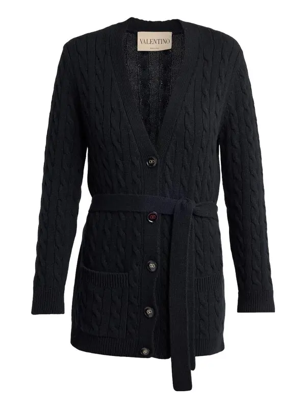 Valentino Garavani V-logo Cashmere Cable Knit V-neck Cardigan - Black