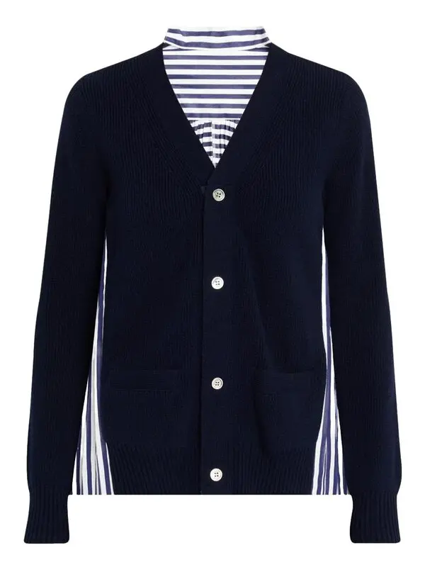 Sacai Wool Knit And Cotton Poplin V-neck Cardigan - Navy