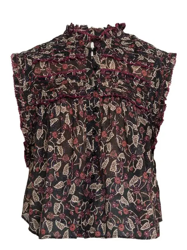 Isabel Marant Étoile Dersia Floral Ruffled Cotton Button-front Top - Black/raspberry