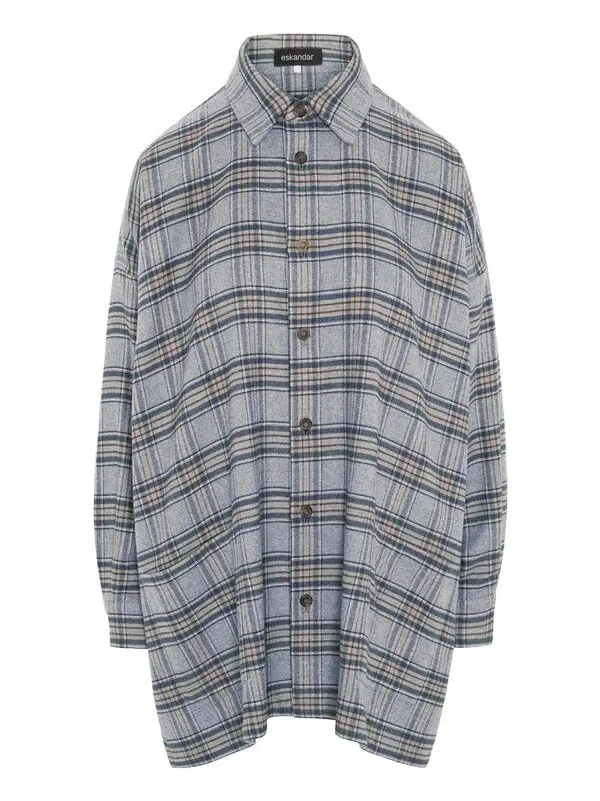 Eskandar Wide A-line Shirt Jacket With Collar Long Length - Grey/camel