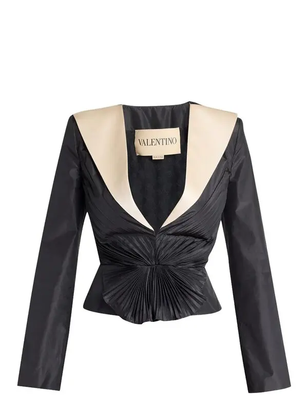 Valentino Garavani Pleated Silk Taffeta Strong-shoulder Jacket - Black