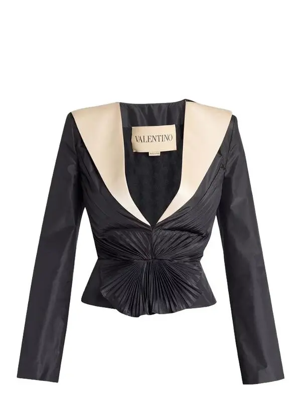 Valentino Garavani Pleated Silk Taffeta Strong-shoulder Jacket - Black
