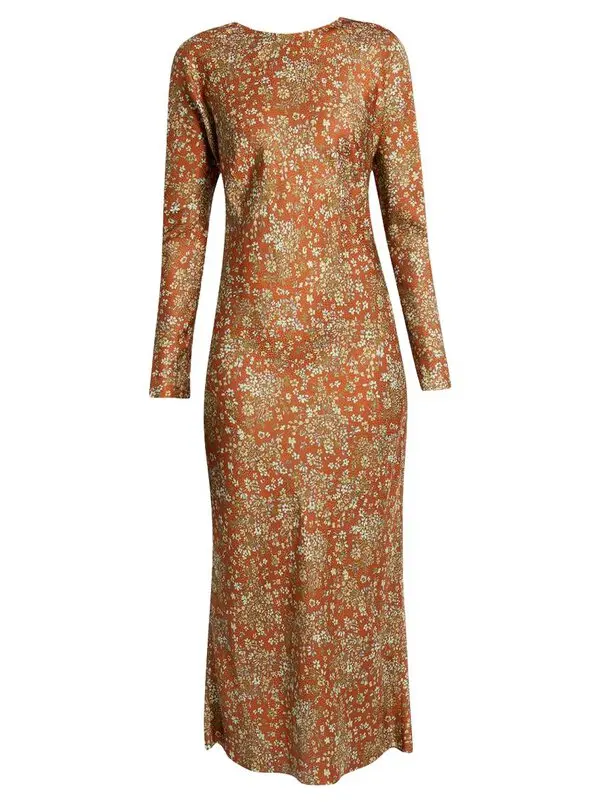 Dries Van Noten Floral Satin Long-sleeve Midi Dress - Rust