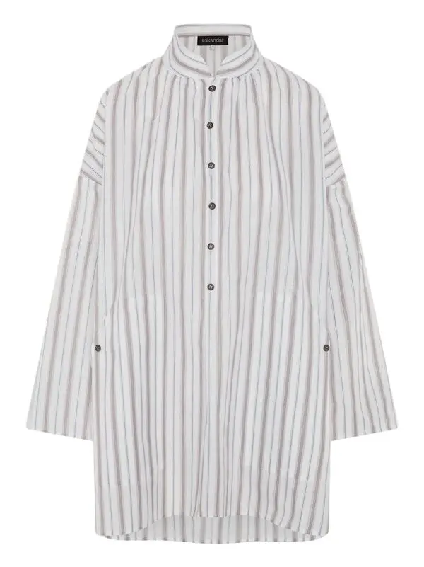 Eskandar Sloped Shoulder Wide A-line Artists Smock With Pleated Collar Long Plus Length - Grey/blue
