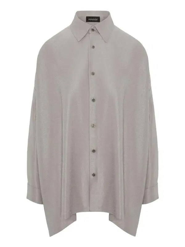 Eskandar Lightweight Silk Plisse Wide A-line Shirt With Collar Mid Plus Length - Stone