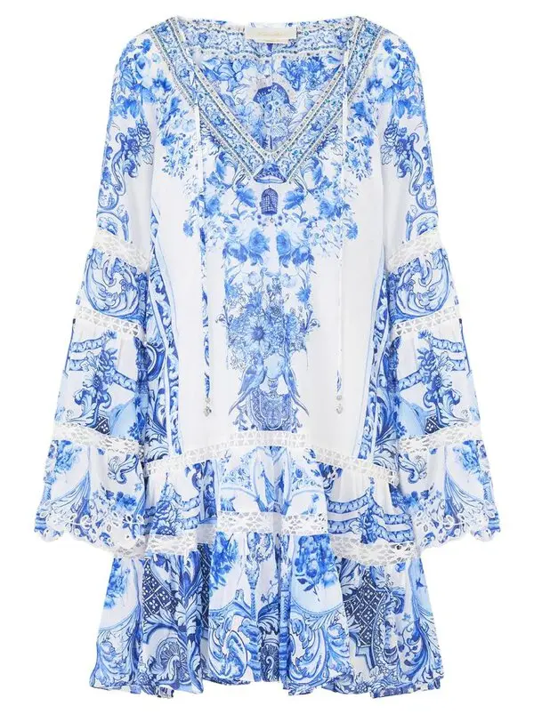 Camilla A-line Gathered Mini Dress - Ceramic Panoramic