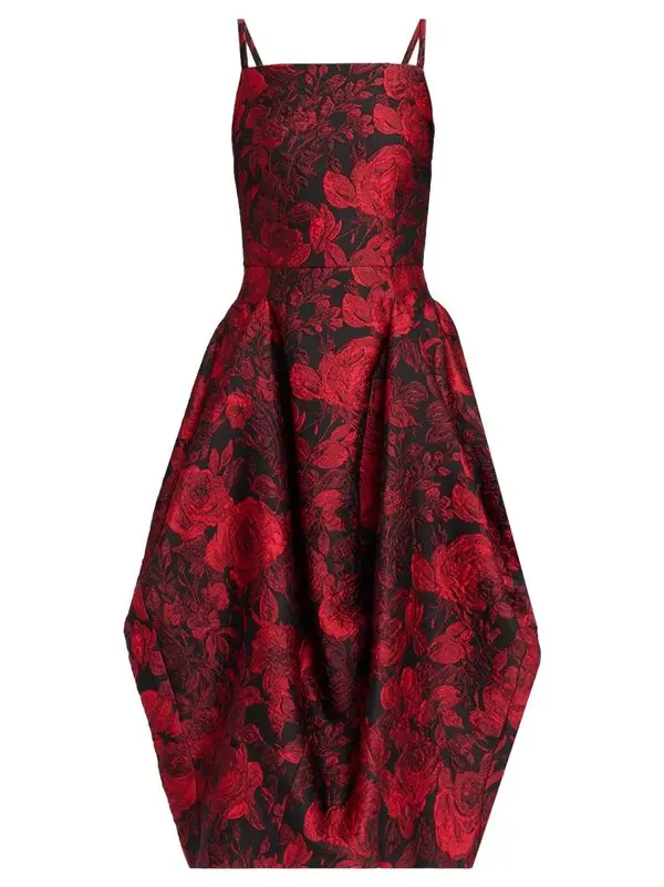 Michael Kors Rose Jacquard Balloon Midi Dress - Ruby/black