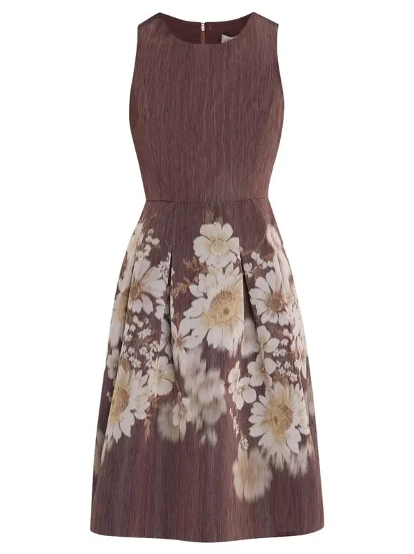 Rickie Freeman For Teri Jon Pleated Floral-print Mikado Dress - Caf Multi