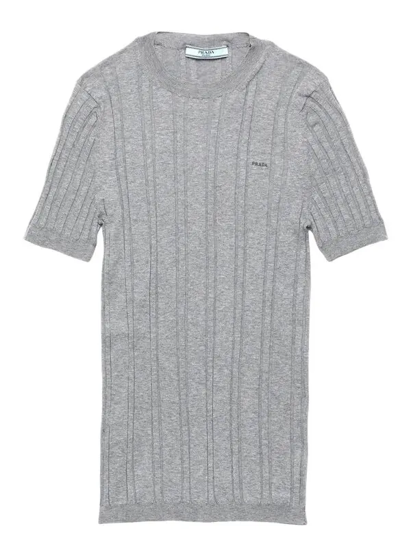 Prada Logo-embroidered Cotton Ribbed Short-sleeve Sweater - Gray