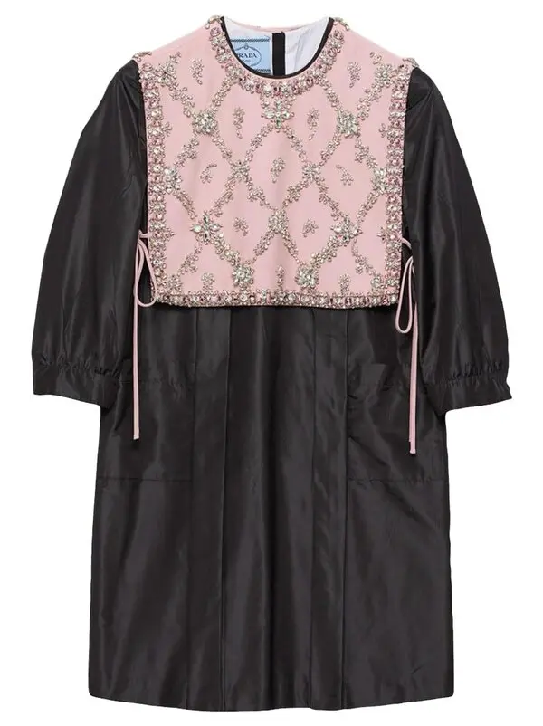 Prada Crystal Bib Silk Taffeta Mini Dress - Nero