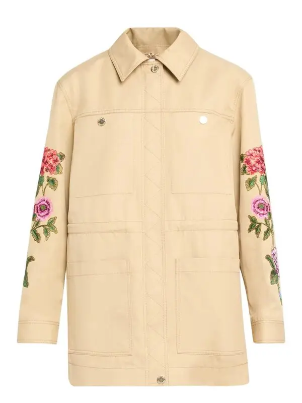 Carolina Herrera Floral Embroidered Cotton Twill Zip Utility Jacket - Birch
