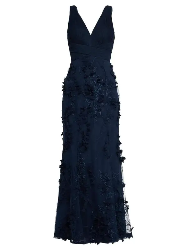 Aidan Mattox Embroidered Floral Applique Gown - Blue