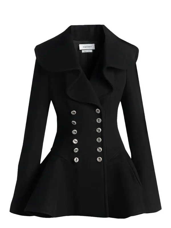 Alexander McQueen Ruffle Wool Fitted Double-breasted Coat - Black