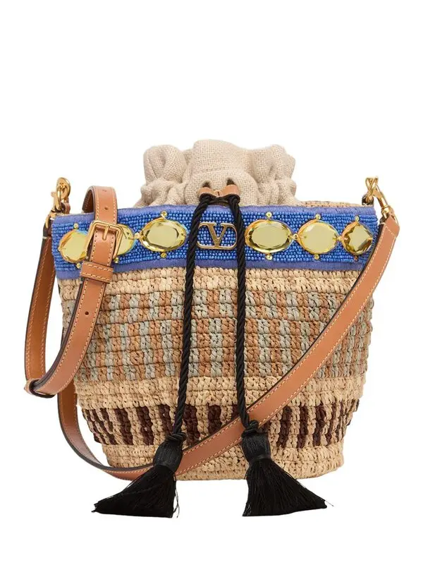 Valentino Garavani Small Viscose Raffia Beaded Bucket Bag - Multi