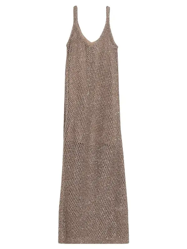 Brunello Cucinelli Shimmering Net Knit Sleeveless Maxi Dress - Stone
