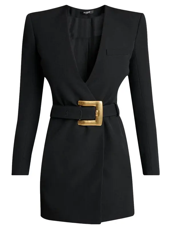 Balmain Belted Strong-shoulder Long-sleeve Mini Dress - Black