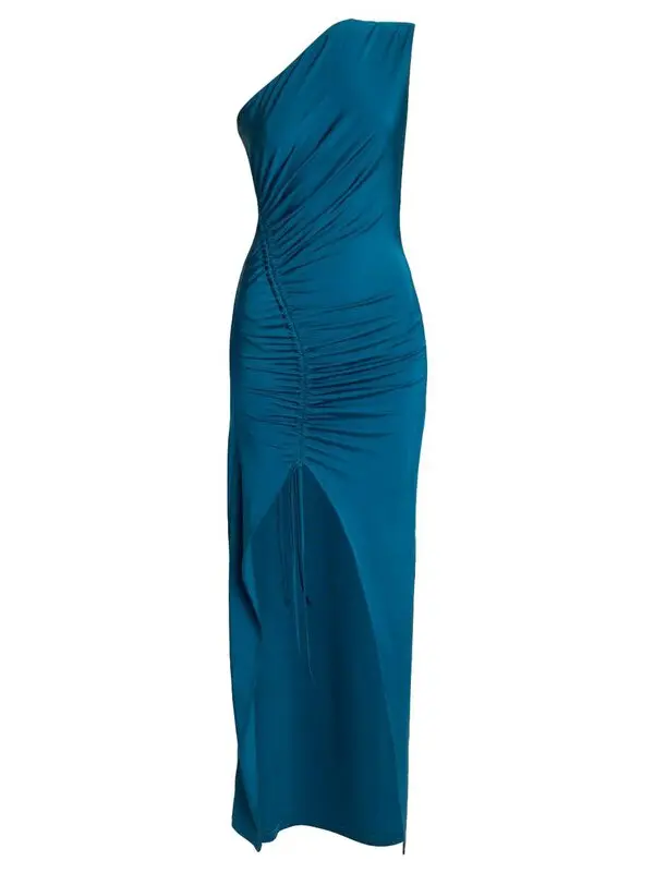 Balmain One Shoulder Fluid Jersey Ruched Gown - Bleu Canard
