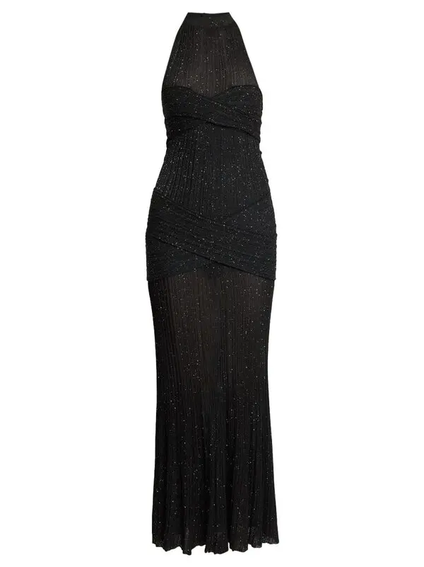 Balmain Glittered Crisscross Semi-sheer Halter Dress - Black