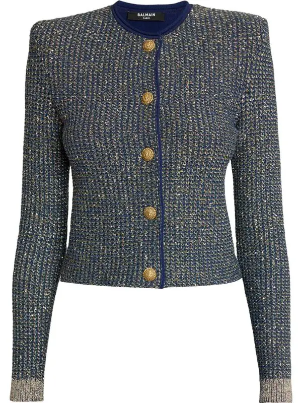 Balmain Glittered Tweed Buttoned Cardigan - Navy/black