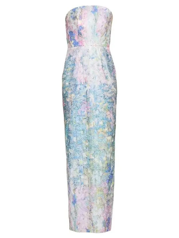 Pamella Roland Strapless Printed Sequin Column Gown - Blue Multi