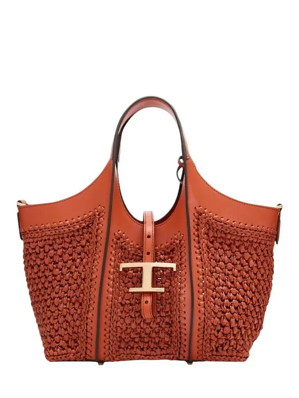 TOD'S Small T Timeless Raffia & Leather Shopping Bag - Orange