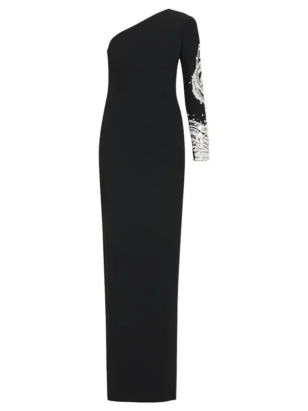 Pamella Roland One-shoulder Beaded Crepe Column Gown - Black/silver