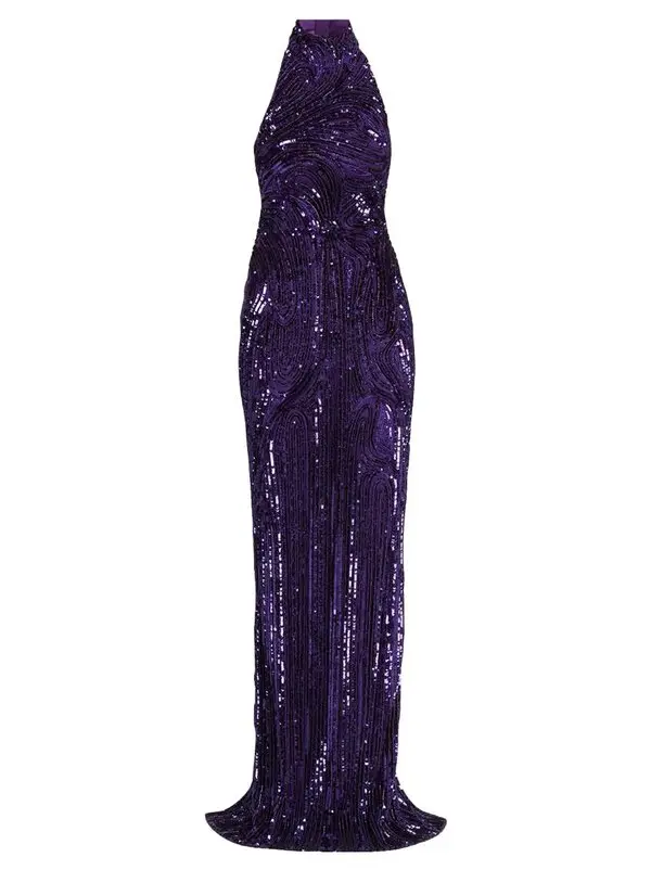 Pamella Roland Wave Beaded Halter Column Gown - Violet