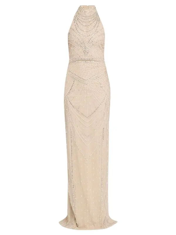Pamella Roland Embroidered Tulle Halter Gown - Silver